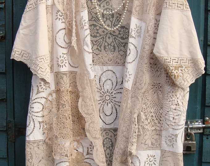 LACE PATCHWORK BEIGE X Cream Ivory Duster Kimono Reworked Vintage ...