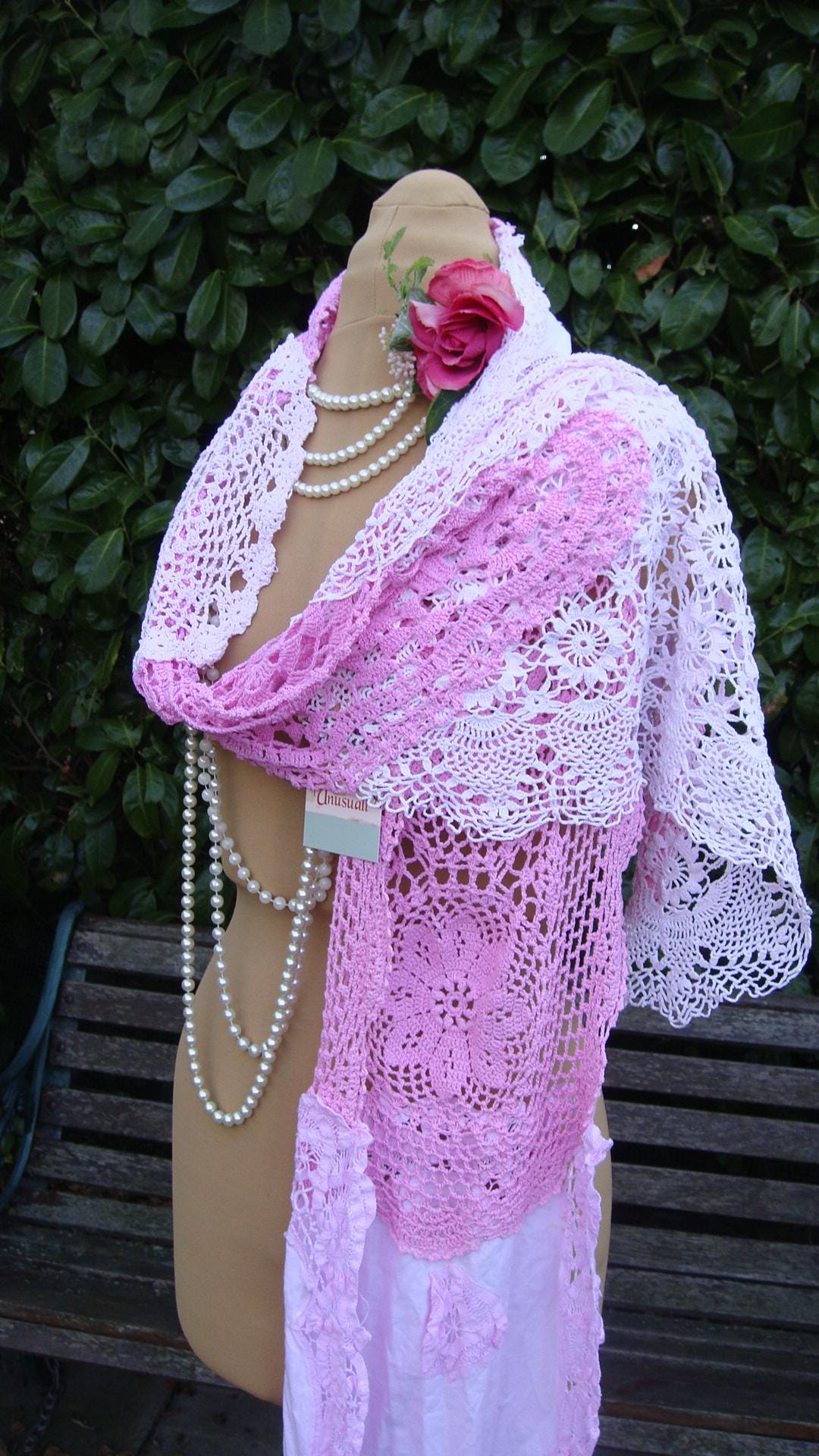 PINKS CROCHET LACE X Wrap Scarf Shawl Reworked Vintage Doilies Lace ...