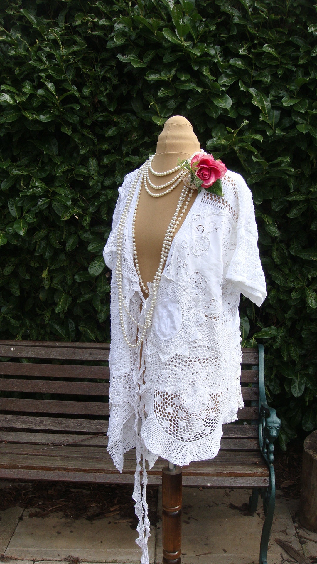 WHITE LINEN LACE X Coat Jacket Patchwork Doilies Lace Vintage Recycled ...