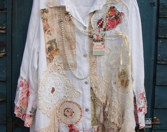 LINEN DUSTER DOILY X Crochet Vintage Lace Floral Reworked Ruffle Uneven ...