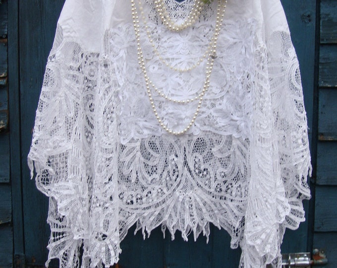 BRIDAL BATTENBURG ANTIQUE Cotton X Lace Reworked Tablecloth Cape Poncho ...