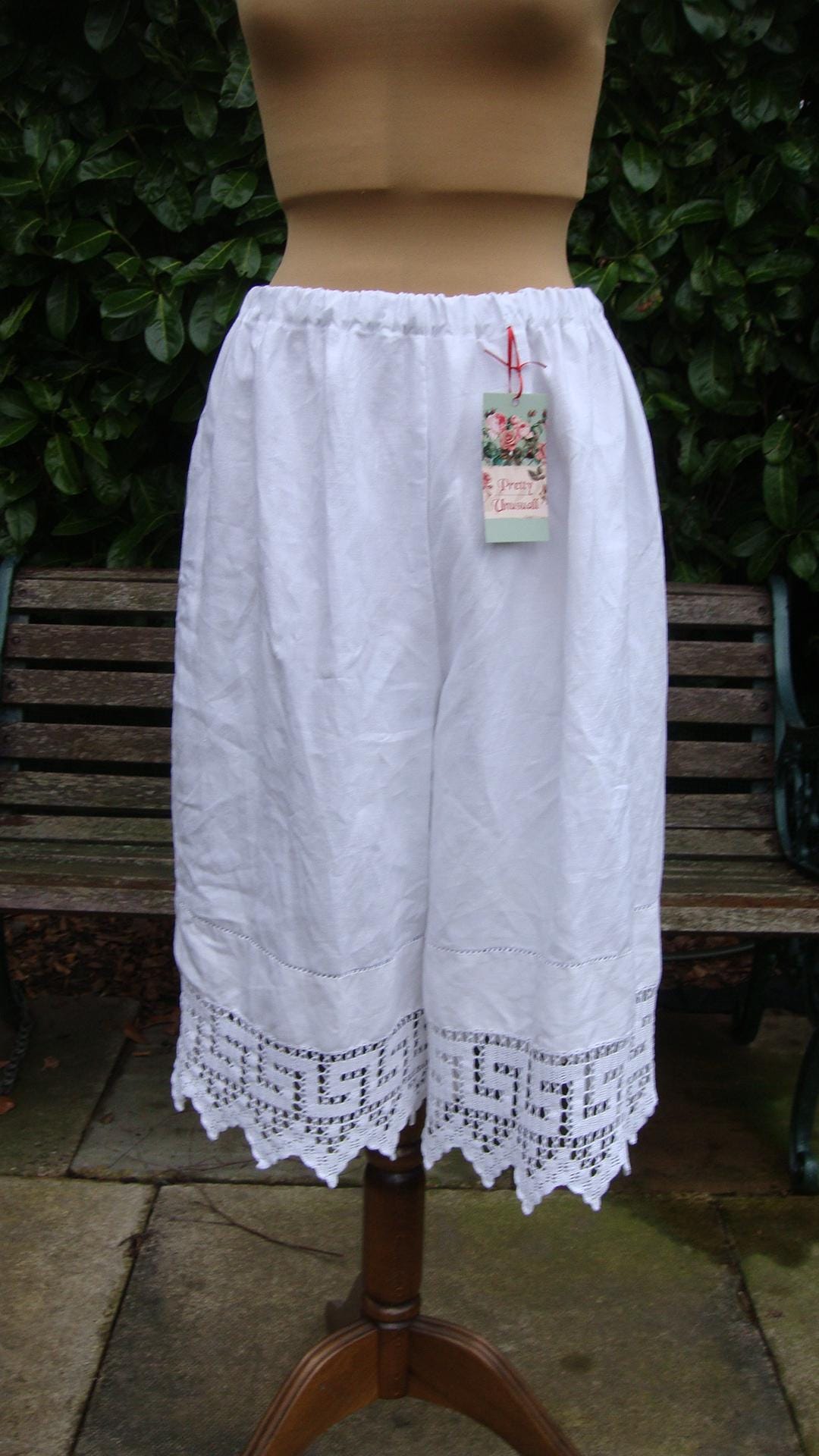 Lace Linen Bloomers: Reworked Vintage Tablecloth Wide Leg Pants Size L ...