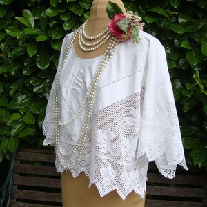 WHITE LINEN CROCHET Lace X Reworked Vintage Layering Boxy Top ...