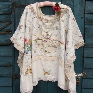 HAND EMBROIDERED LINEN Poncho X Reworked Vintage Tablecloth Repurposed ...