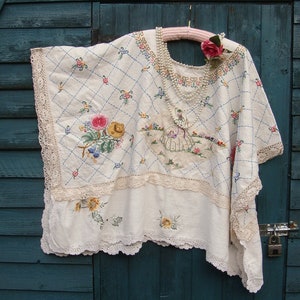 HAND EMBROIDERED LINEN Poncho X Reworked Vintage Tablecloth Repurposed ...