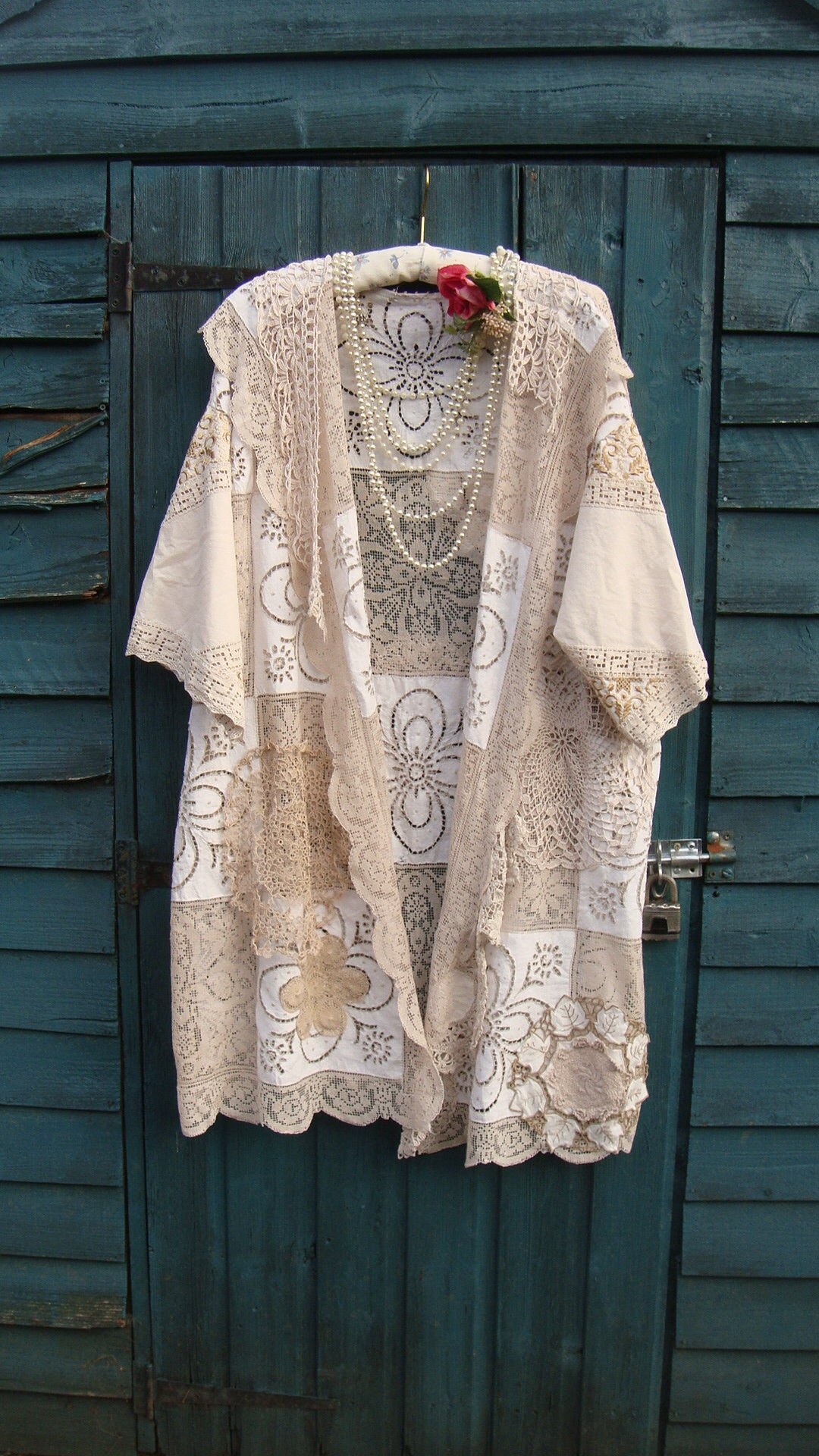 LACE PATCHWORK BEIGE X Cream Ivory Duster Kimono Reworked Vintage ...