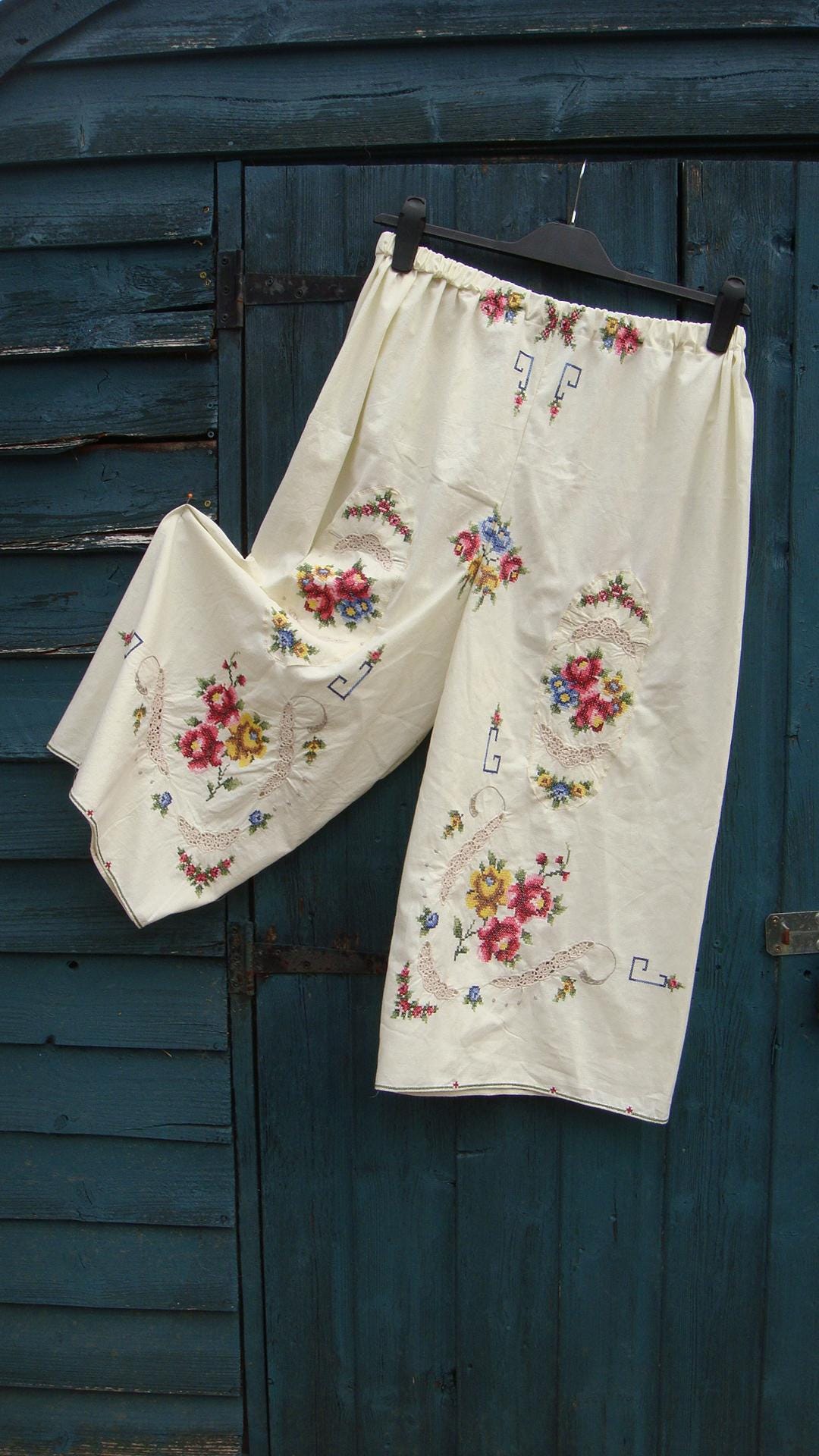 EMBROIDERED COTTON WIDE Leg X Pants Reworked Vintage Tablecloth Floral ...