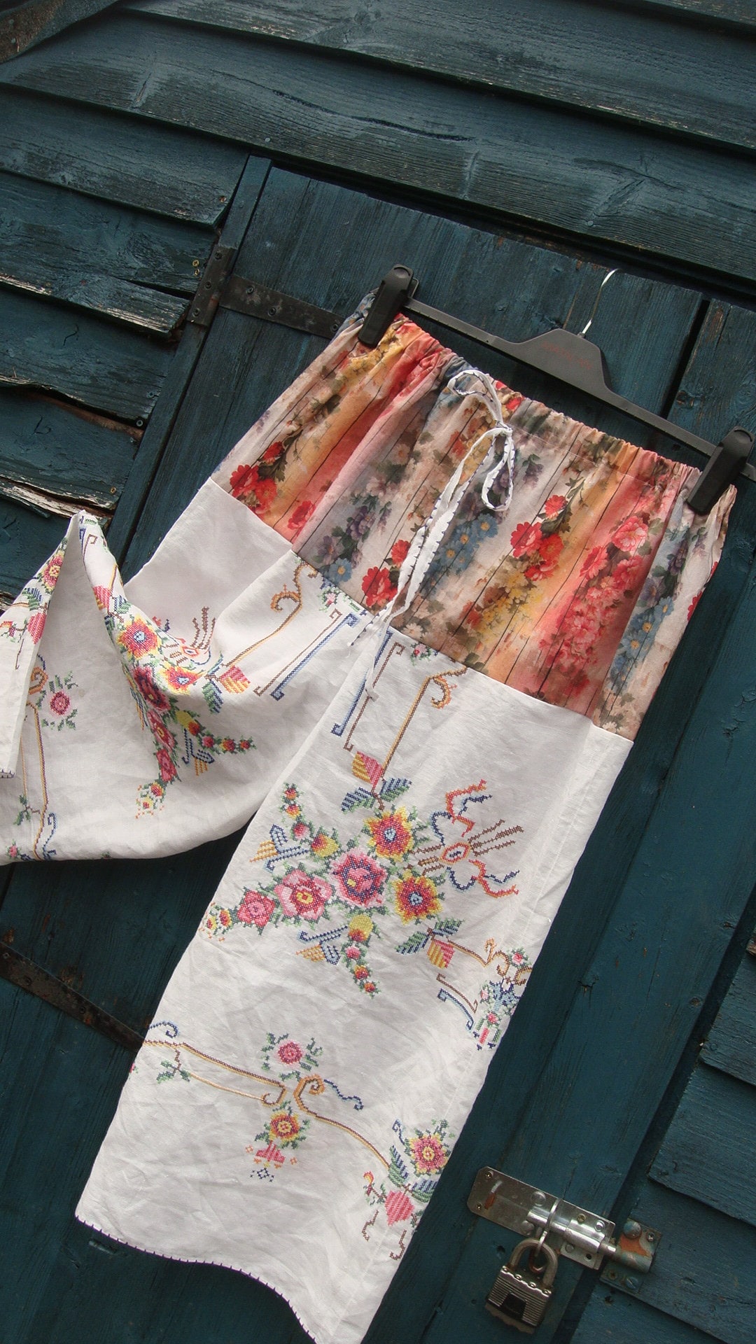 EMBROIDERED DISTRESSED FLORAL Pants X Wide Legged Reworked Vintage ...