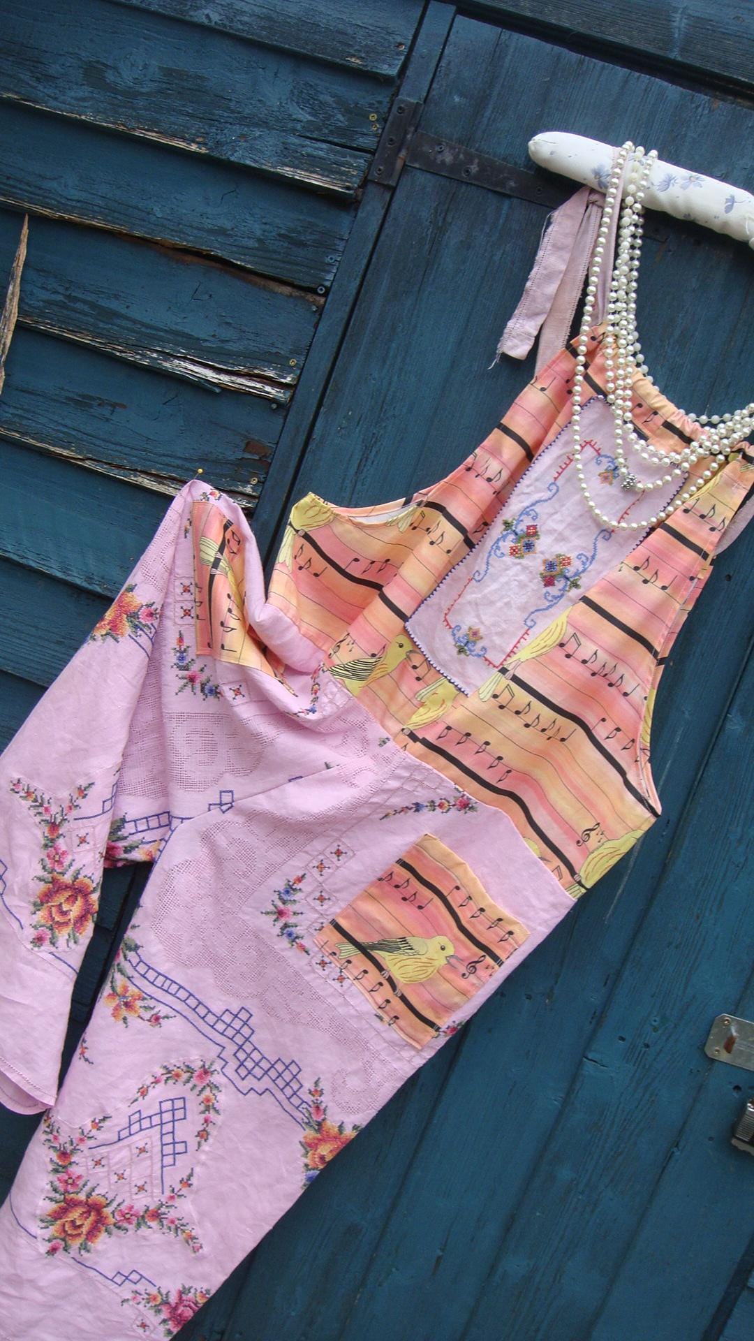 SINGING CANARY EMBROIDERED Overalls X Dungarees Ombre Yellow Pink Hand ...