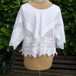 WHITE LINEN CROCHET Lace X Reworked Vintage Layering Boxy Top ...