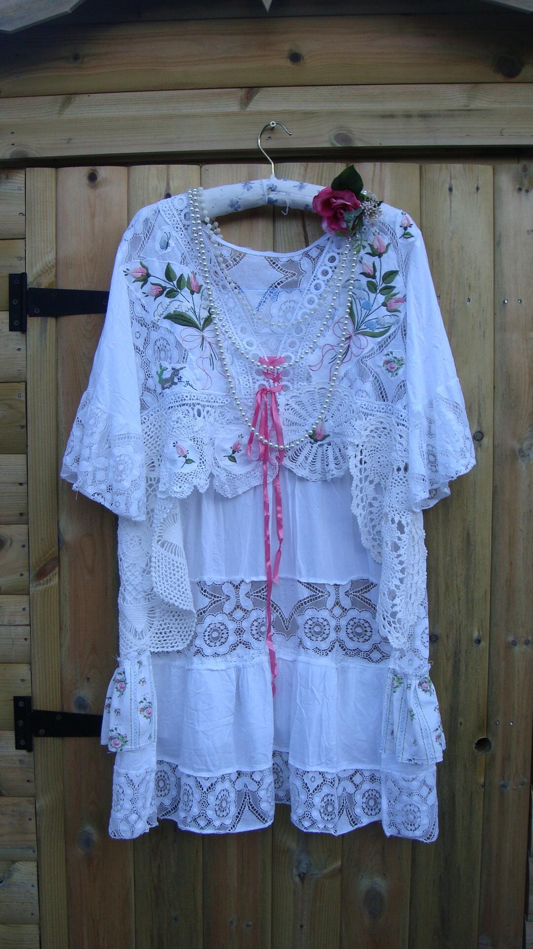 WHITE CROCHET DOILY X Tailcoat Duster Boho Vintage Lace Reworked Tie ...