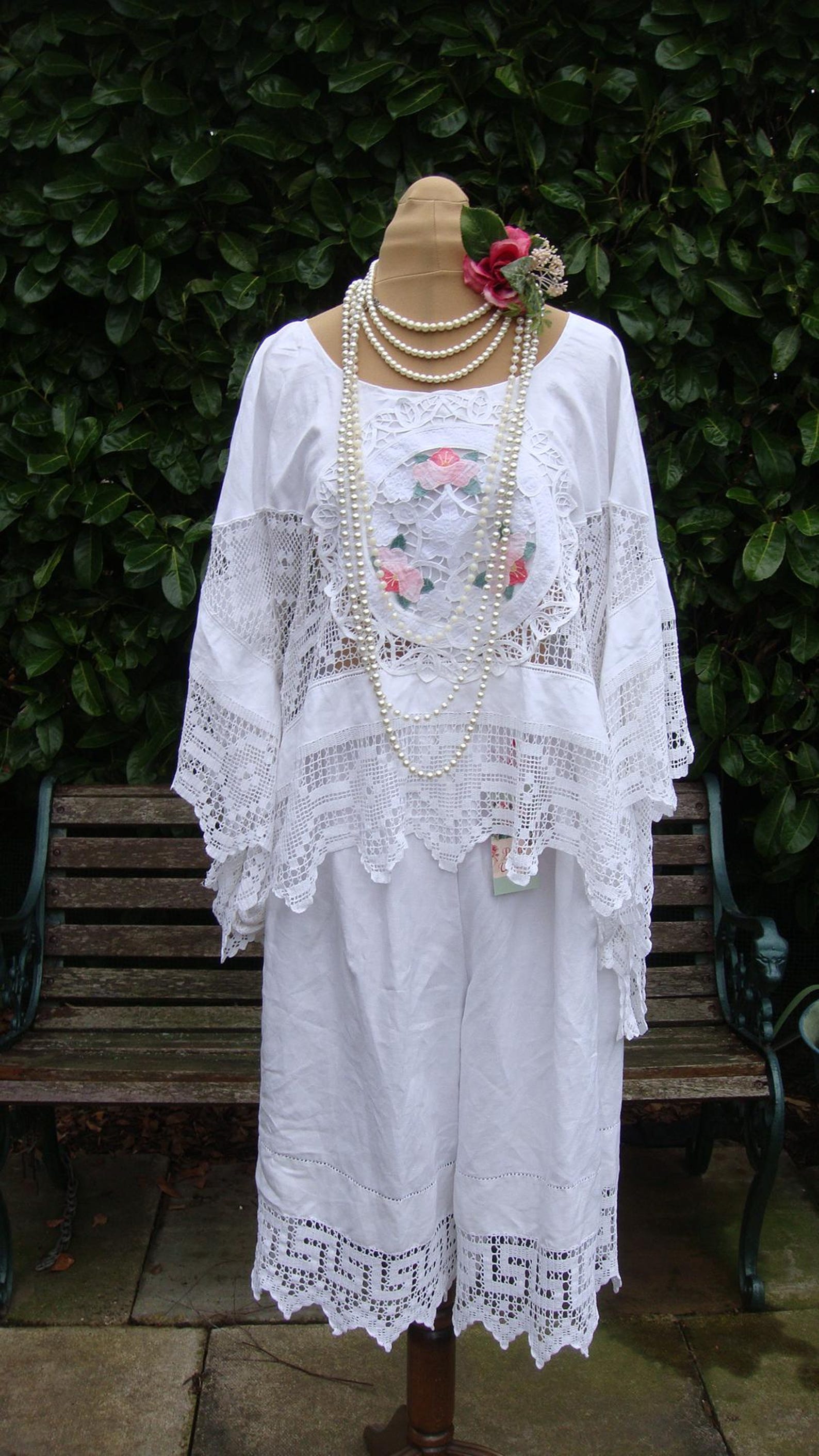 Lace Linen Bloomers: Reworked Vintage Tablecloth Wide Leg Pants Size L ...
