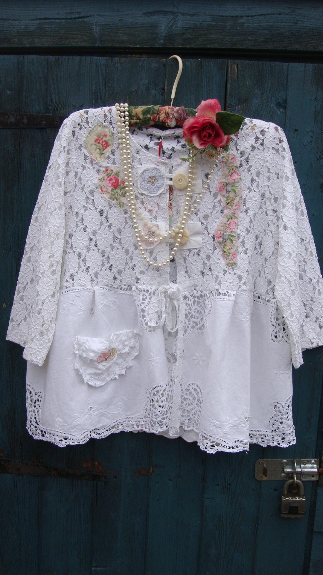 WHITE LACE JACKET X Reworked Vintage Cotton Tablecloth Lace Flowers ...