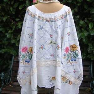 HAND EMBROIDERED LINEN Poncho X Reworked Vintage Tablecloth Repurposed ...