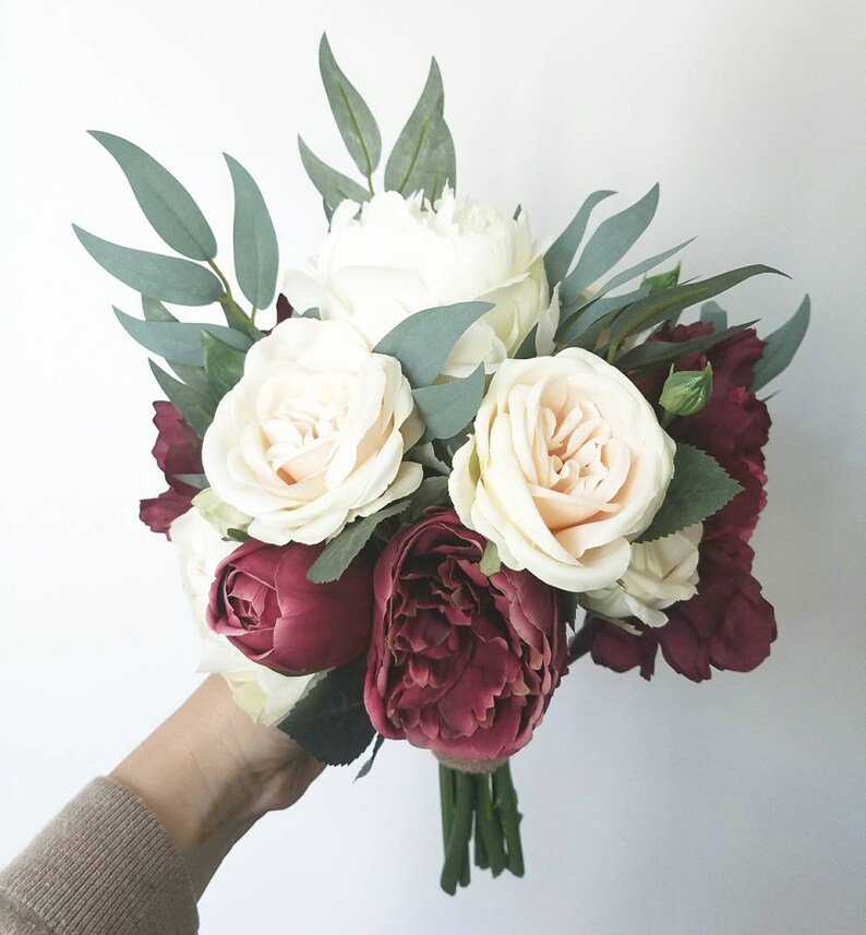 Peony and Rose Bouquet. Burgundy and White Peonies with Blush | Etsy
