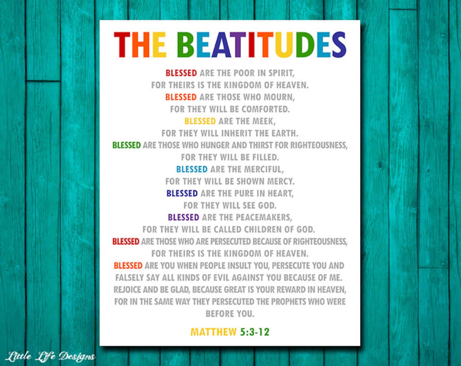 The Beatitudes. Christian Wall Art. Sunday School Decor. Matthew 5:3-12 ...