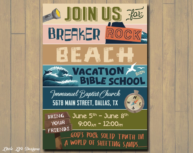 Breaker Rock Beach VBS Invitation 2024. Vacation Bible School Invite ...