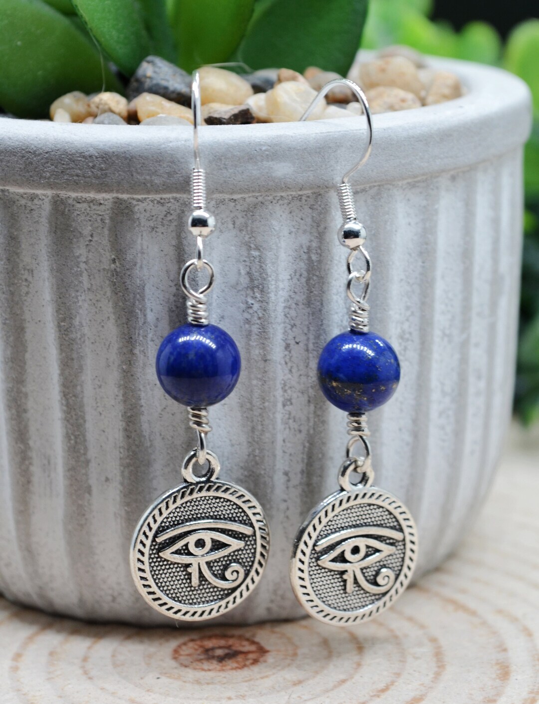 Silver Eye of Horus Amulet Earrings, AAA 8mm Lapis Lazuli Dangle ...