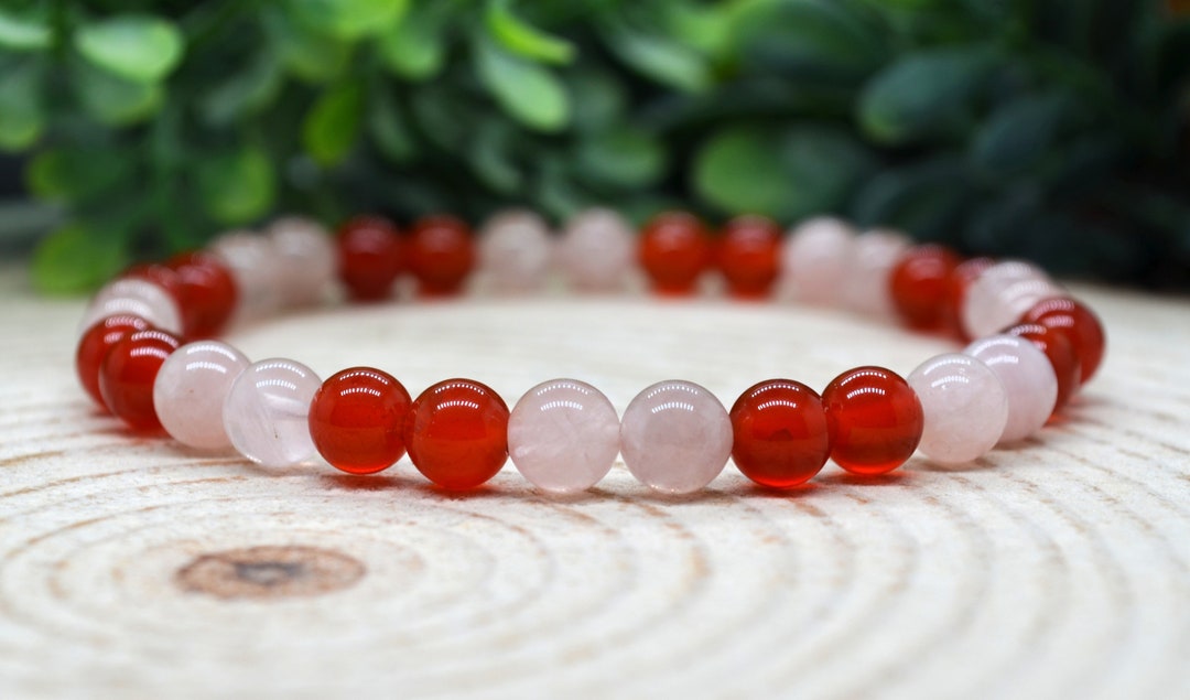 Red Carnelian & Rose Quartz 6mm Crystal Bead Gemstone Stretch Bracelet ...