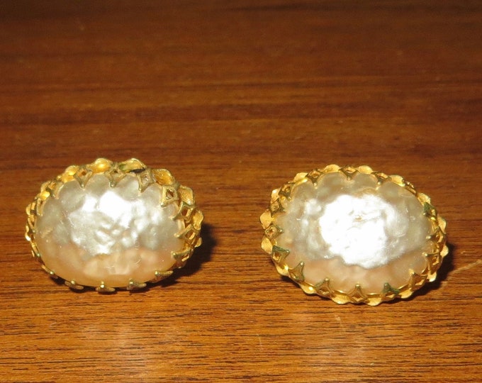 Vintage Signed Miriam Haskell Gold Gilt Pearl Rhinestone Earrings ...
