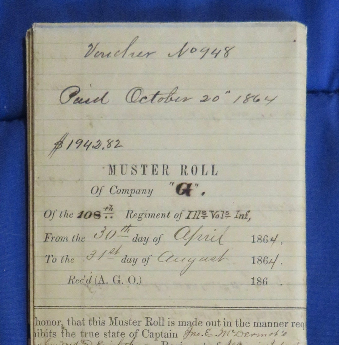 Original August 31, 1864 Civil War Muster Roll 108th Regiment of ...