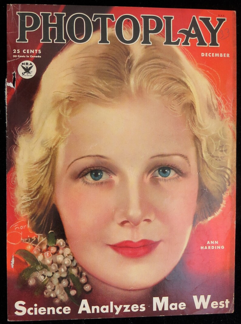 Original December 1933 Ann Harding Photoplay Magazine Cover by Earl ...