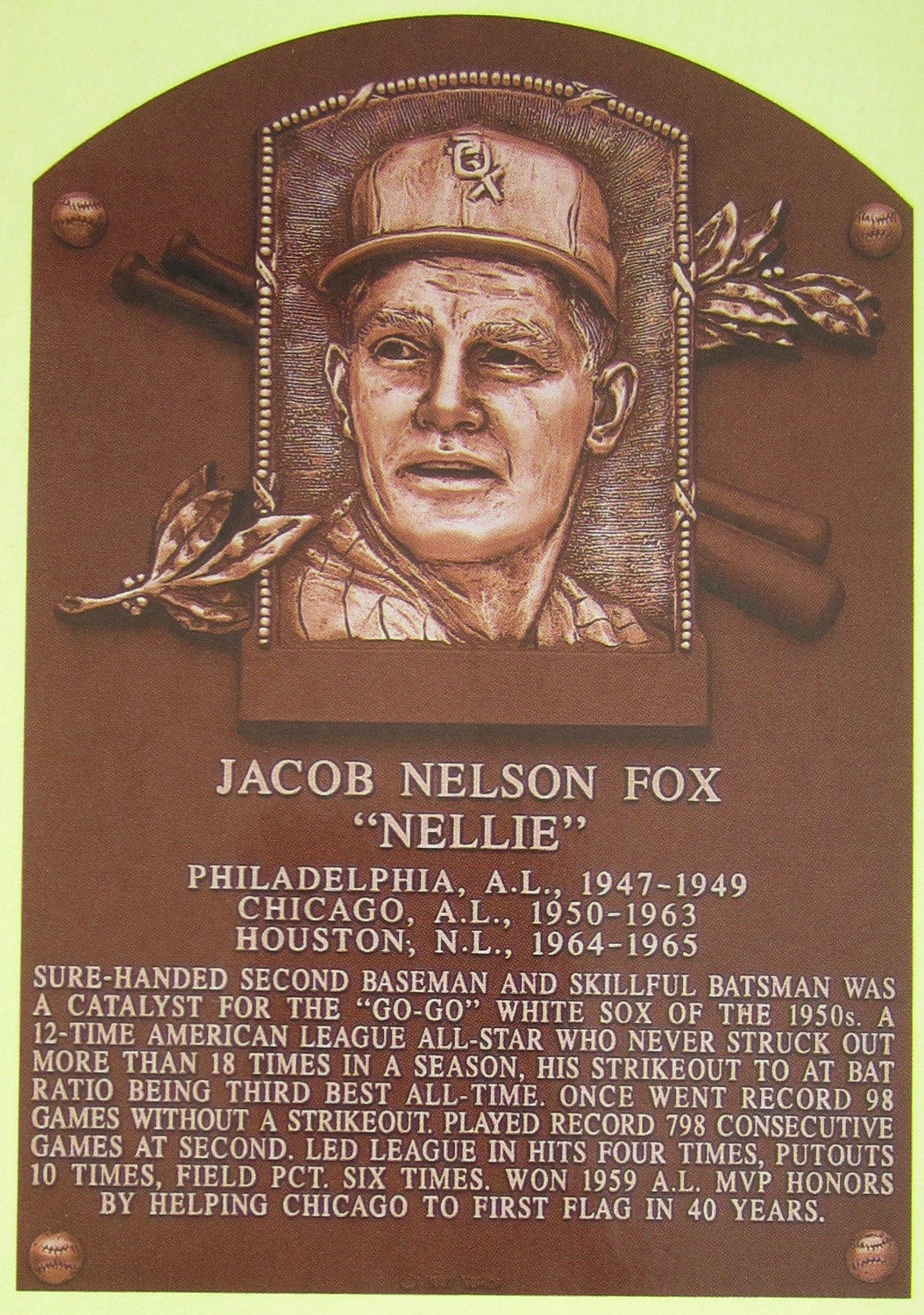 Jacob Nelson Fox Chicago White Sox HOF Hall of Fame Plaque - Etsy