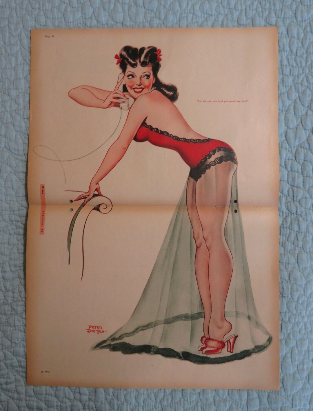 Vintage 1942 Sexy Brunette Pin Up Girl Talking On The Telephone By