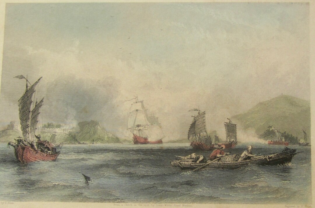 1845 Hand-colored Naval Battle Engraving: HM Ships Imogene & Andromache ...