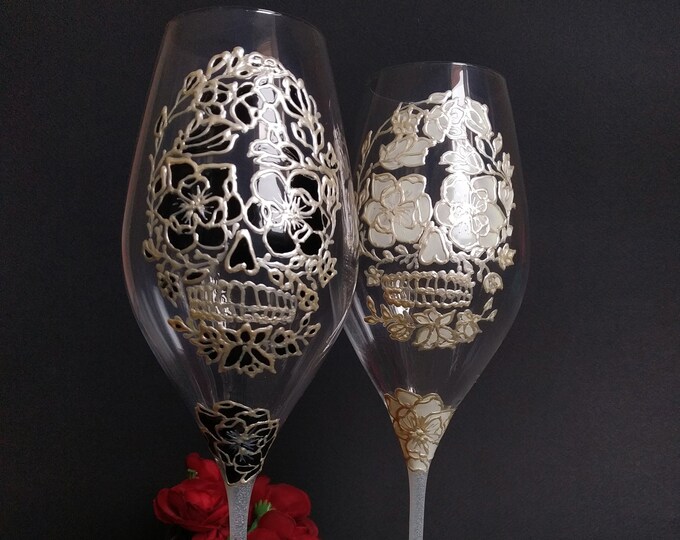 Set of 2 Hand Painted Sugar Skull Halloween Champagne Flutes - Etsy