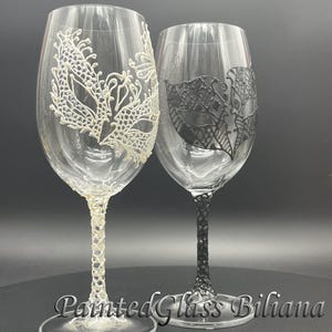 Toasting Wine Glasses Set of 2 Lace Domino Masquerade Mask in Black and ...