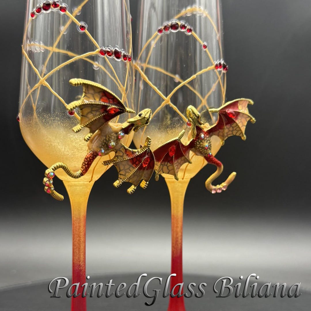 Red Gold Dragon Wedding Champagne Flutes: Hand-painted Crystal Set - Etsy