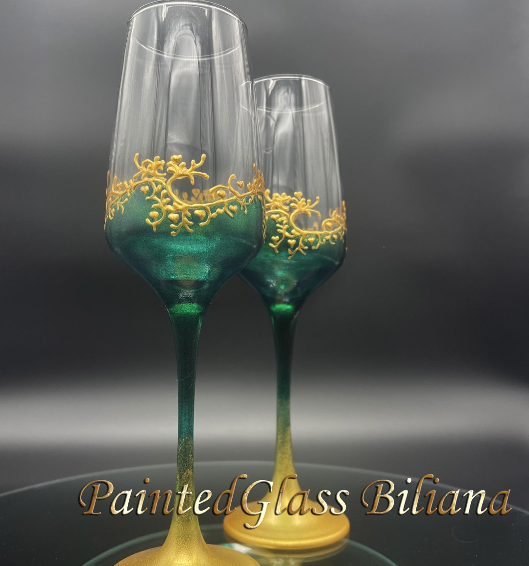 Set of 2 Hand Painted Wedding Flutes Champagne Glasses Gatsby Emerald Green and Gold Cake Serving Set Etsy