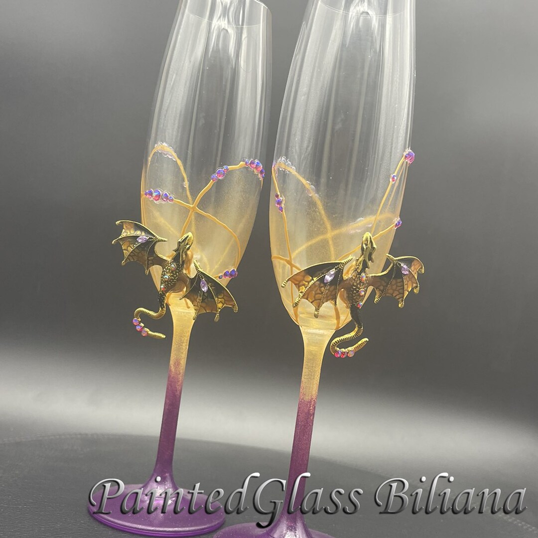 Purple Gold Dragon Wedding Champagne Flutes Hand Painted Wedding ...