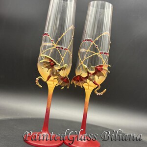 Red Gold Dragon Wedding Champagne Flutes: Hand-painted Crystal Set - Etsy