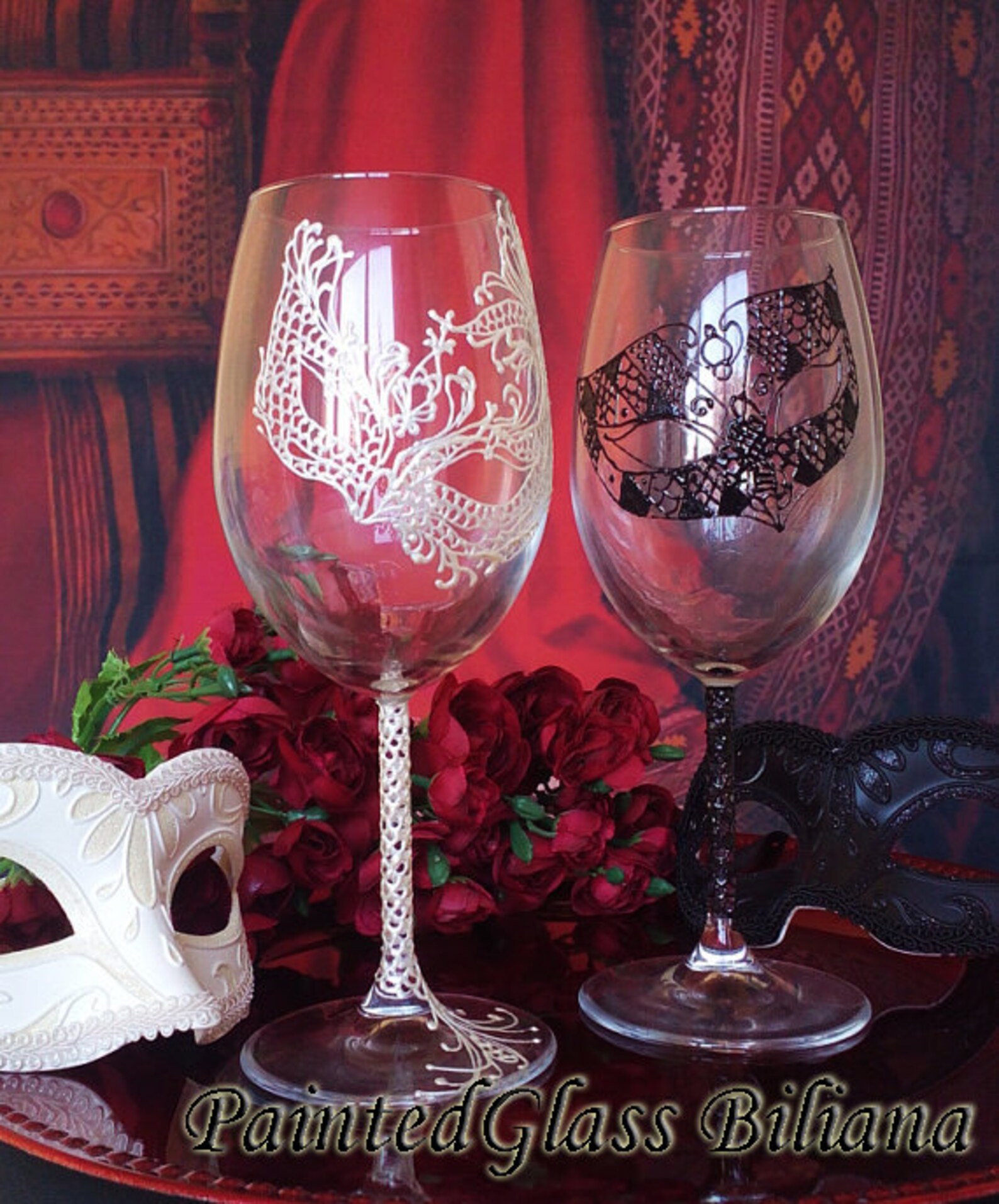 Toasting Wine Glasses Set of 2 Lace Domino Masquerade Mask in | Etsy
