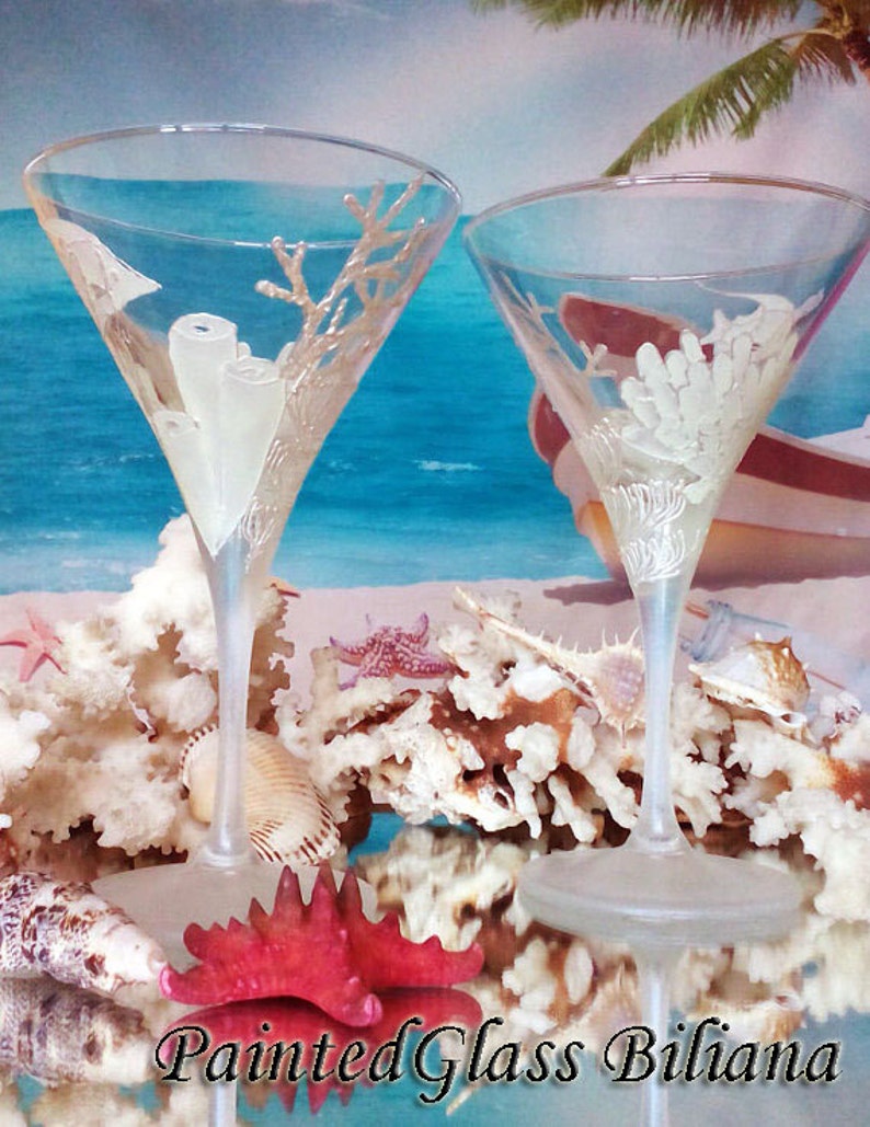 Set of 2 Hand Painted Martini Beach Sea Glasses Winter Coral - Etsy