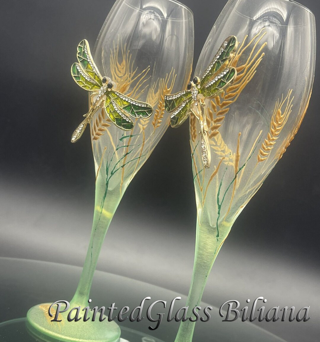 Green Dragonflies Hand Painted Wedding Champagne Flutes, Set of 2 - Etsy