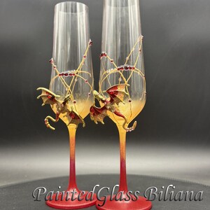 Red Gold Dragon Wedding Champagne Flutes: Hand-painted Crystal Set - Etsy