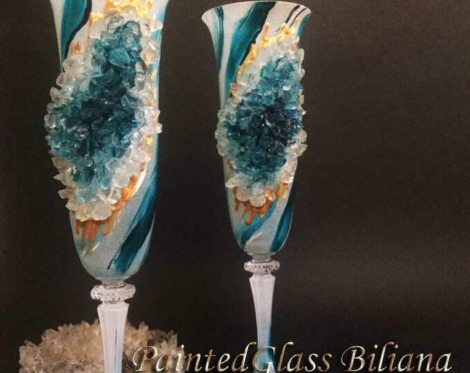 Turquoise Geode Marble Wedding Flutes - Etsy