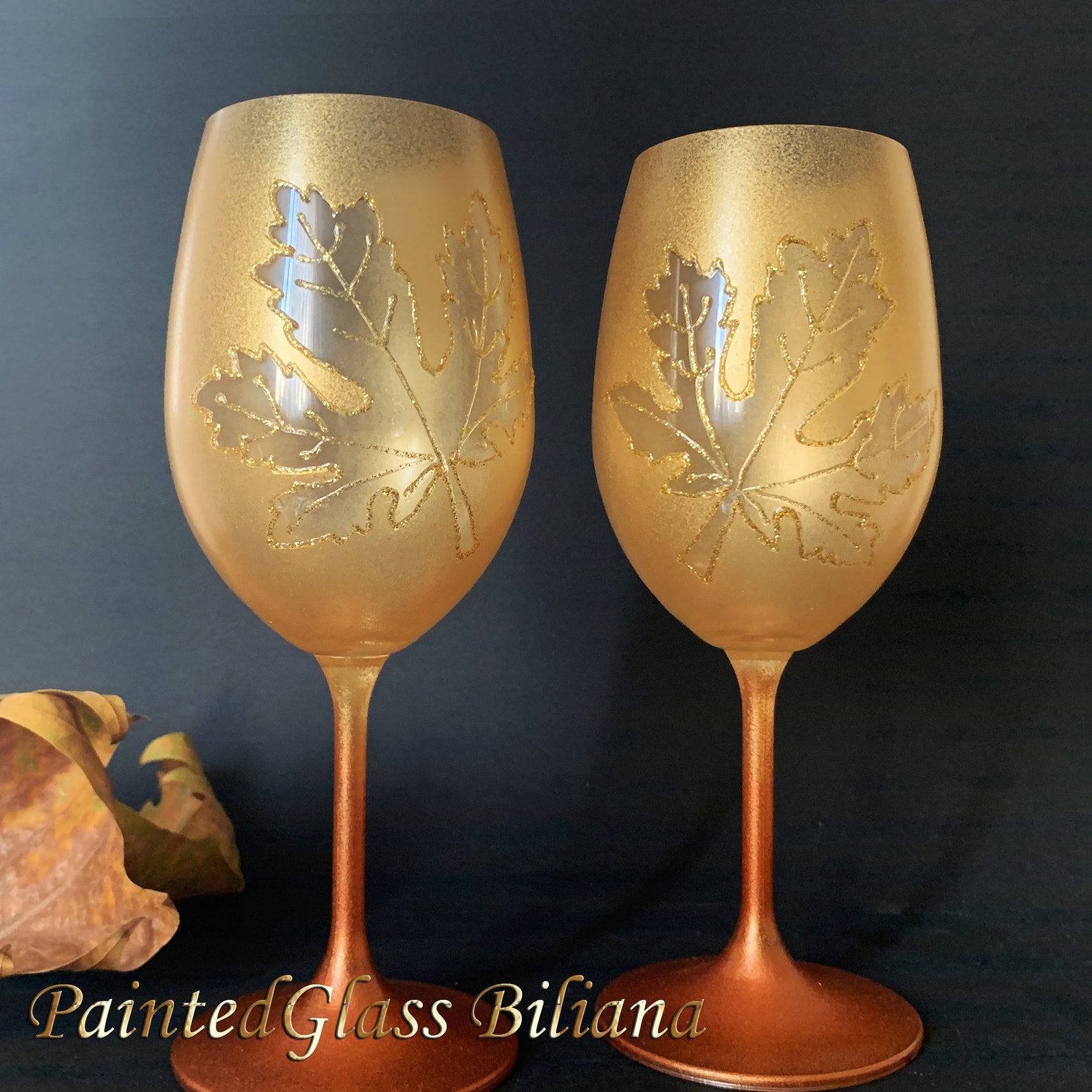 Autumn Set of 2 Maple Leaf Toasting Glasses in Gold Color - Etsy