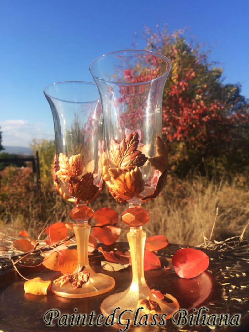 Autumn Set of 2 hand painted wedding champagne flutes Maple | Etsy
