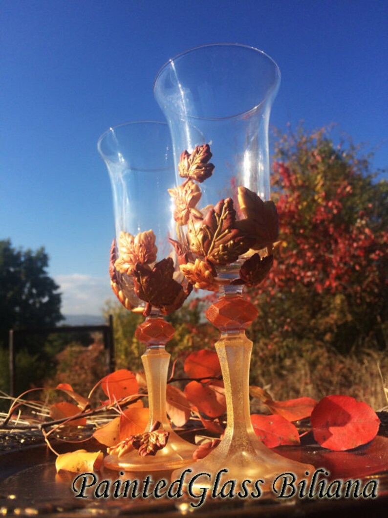 Autumn Set of 2 hand painted wedding champagne flutes Maple | Etsy