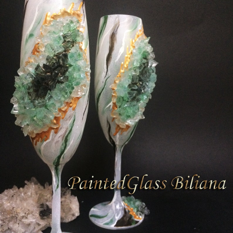 Green marble geode wedding flutes handpainted handmade geode | Etsy