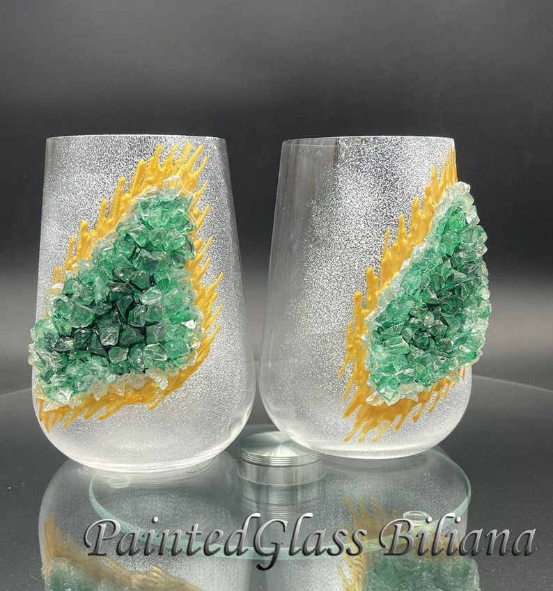 Emerald Green Geode Stemless Wine Glasses - Etsy