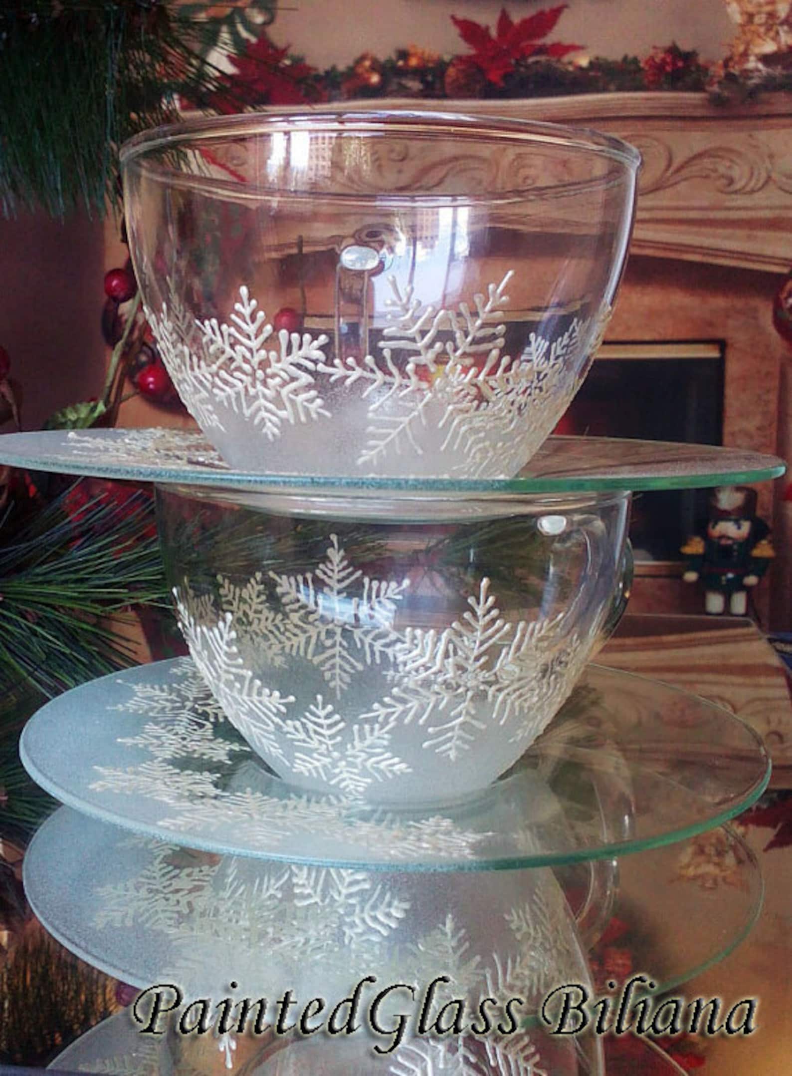 Set of 2 Hand Painted Tea Coffee Glass Cups Snowflake Fantacy - Etsy