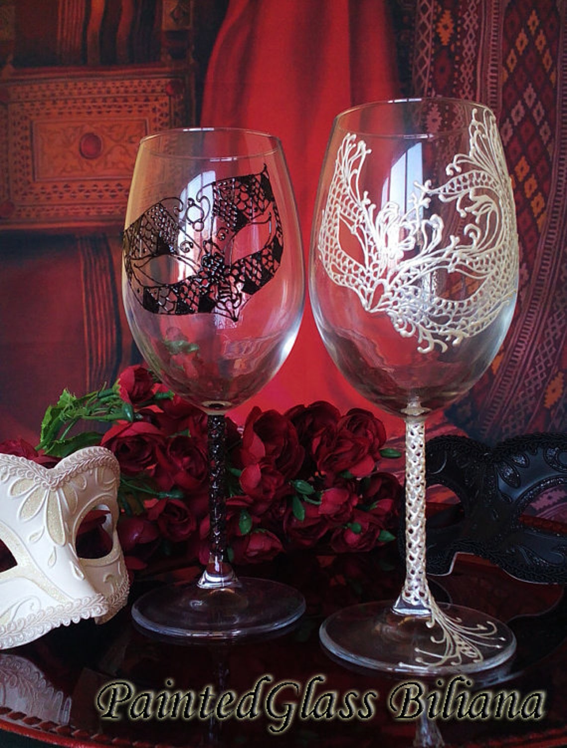 Toasting Wine Glasses Set of 2 Lace Domino Masquerade Mask in | Etsy