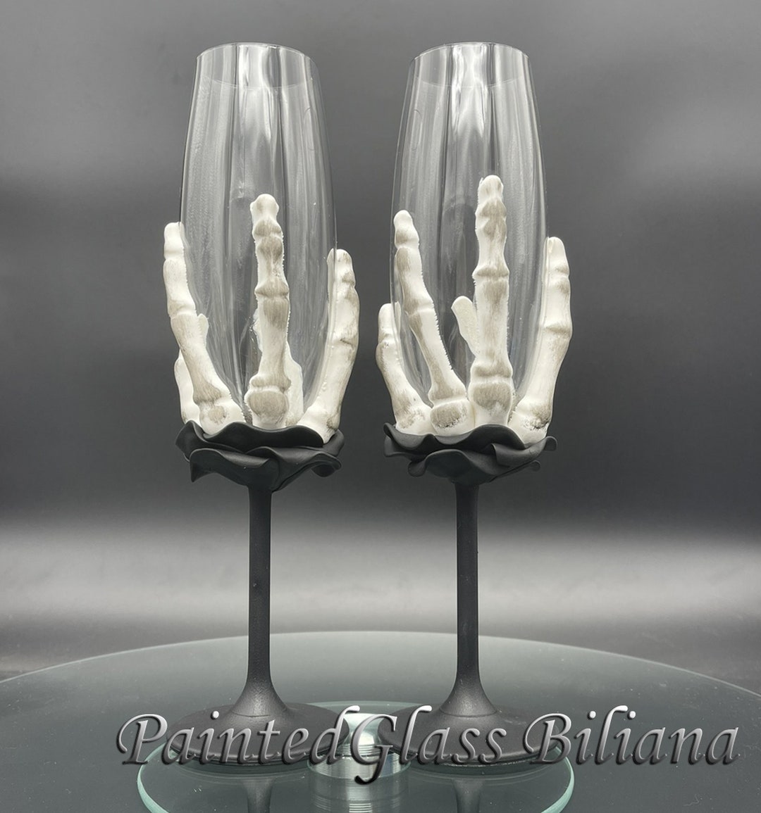 Skeleton Hand Champagne Flutes: Black Rose Halloween Wedding Glasses ...