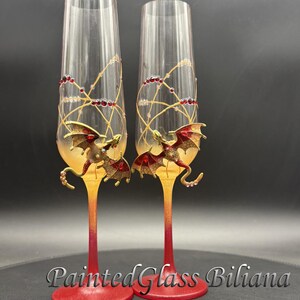Red Gold Dragon Wedding Champagne Flutes Hand Painted Wedding Champagne ...
