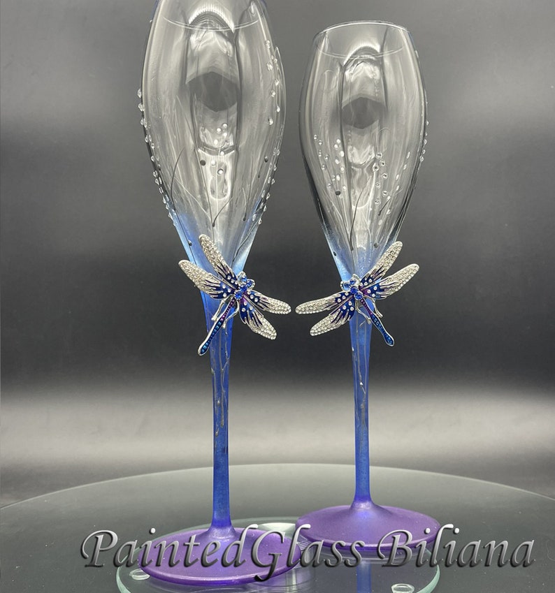 Blue and Purple Dragonflies Hand Painted Wedding Champagne Flutes, Set ...